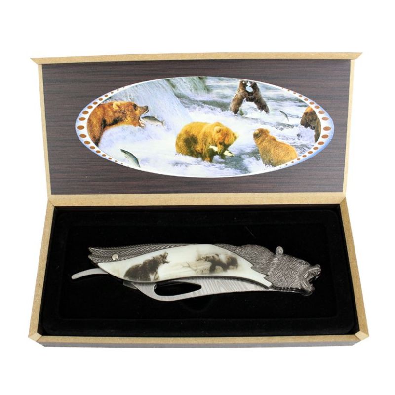 The Bone Edge - 8.5″ Bear Pattern Handle Folding Knife w/ Gift Box ...